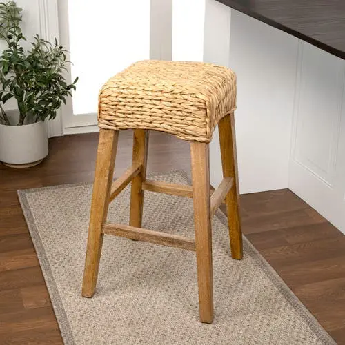 JONATHAN Y Maui Hyacinth/wood Backless Stool - Natural (29.5" Bar Stool)